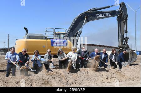 San Luis Mayor Nieves Riedel, left, and Arizona Gov. Katie Hobbs greet ...