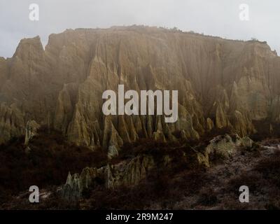 Aerial panorama view of Omarama Clay Cliffs geological natural erosion ...