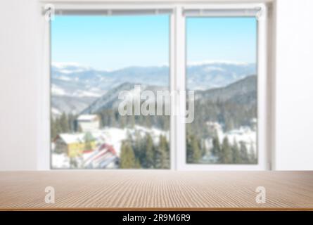 Empty wooden surface against window indoors. Space for design Stock ...