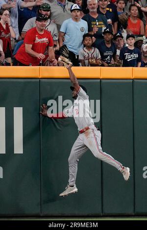 Minnesota Twins center fielder Michael A. Taylor (2) catches a fly ball ...