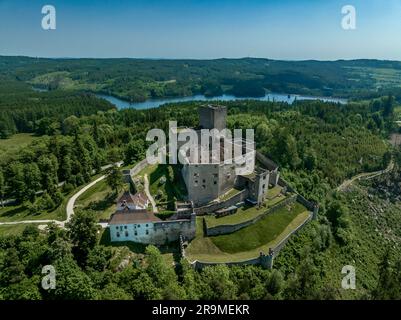 Aerial view of Landstejn castle with rectangular keep and concentric ...