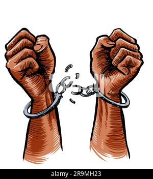 Hands breaking chains. Hand-drawn black and white drawing Stock Photo ...