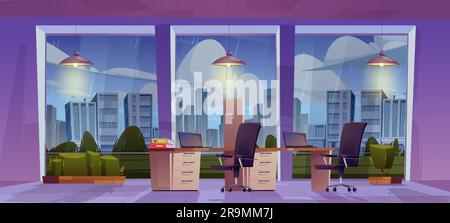 Empty company office in rainy weather. Vector cartoon illustration of ...