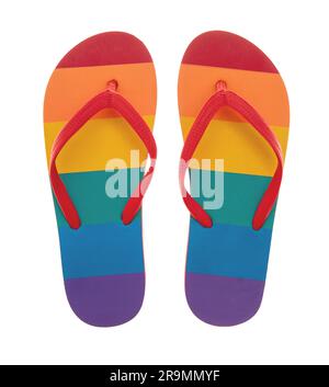 Rainbow color flip flop isolated on white, top view. Summer vacation ...