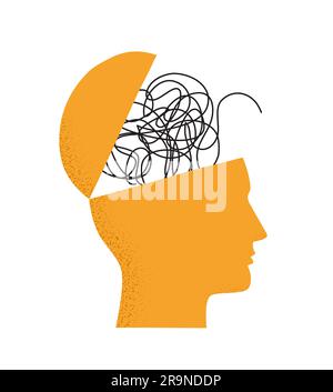Human head silhouette with tangled line inside. Concept of mental disorder, finding solution ...