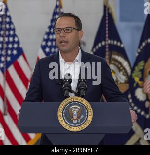 Pennsylvania Governor Josh Shapiro, delivers remarks at the Lancaster ...
