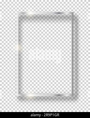 Silver shiny square frame with glowing effects and shadows on transparent background. Vector ...