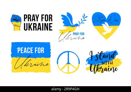 Vector set with Ukrainian symbols, stickers, icons, badges. I Support ...