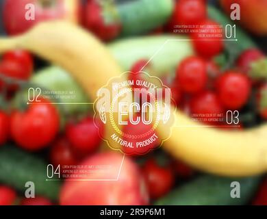 Vector blurred background with fruits, vegetables and eco label Stock ...