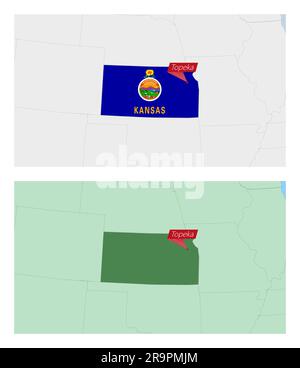 Map of Kansas with pin of country capital. Kansas Map with neighboring ...