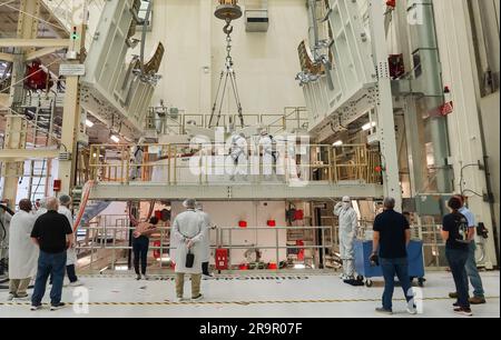 Artemis II SM Move to Fast Cell. A view looking up from beneath the European Service Module (ESM ...