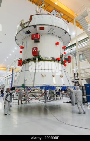 Artemis II SM Move to Fast Cell. A view looking up from beneath the European Service Module (ESM ...