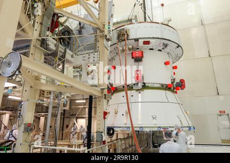 Artemis II SM Move to Fast Cell. A view looking up from beneath the European Service Module (ESM ...