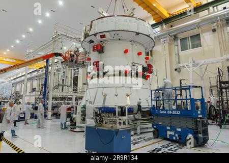 Artemis II SM Move to Fast Cell. A view looking up from beneath the European Service Module (ESM ...