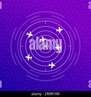 Air control radar screen with airplanes and world map. Vector HUD ui of air traffic control ...