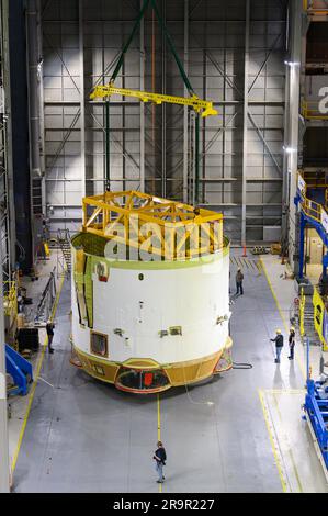 NASA Flips Artemis II Engine Section, Prepares for Final Join. Technicians at NASA’s Michoud ...