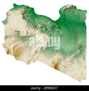 A 3D rendering of Libya map shaded relief color height map on white ...