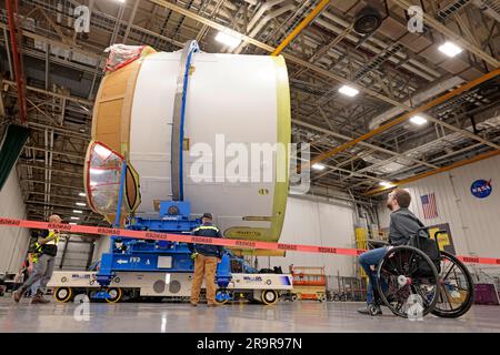 Teams Move Artemis II SLS Engine Section into Position for Final Join. Technicians at NASA’s ...