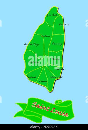 Abstract map outline of Saint Lucia with Quarters with Regions glowing ...