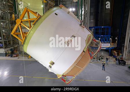 NASA Flips Artemis II Engine Section, Prepares for Final Join. Technicians at NASA’s Michoud ...