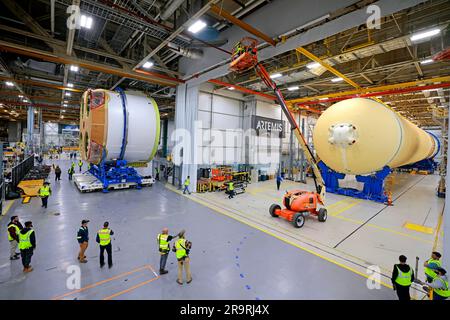 Teams Move Artemis II SLS Engine Section into Position for Final Join. Technicians at NASA’s ...