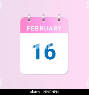 February 16 calendar sign on blue neon brick wall background. Flat ...