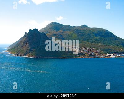 Aerial view of Hout Bay / Houtbaai bay and town in South Africa, Cape ...