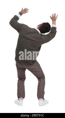 Businessman evading something on white background, back view Stock ...