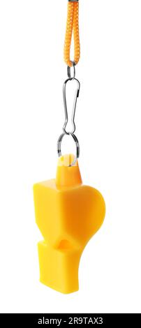 One yellow whistle with cord on light blue background, top view. Space ...