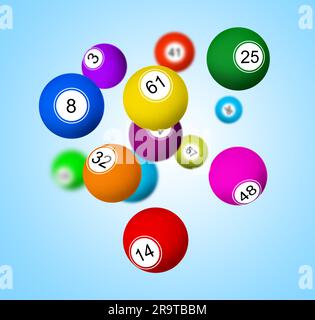 Many lottery balls falling on light blue gradient background Stock ...