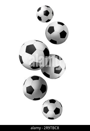 Many soccer balls falling on white background Stock Photo - Alamy