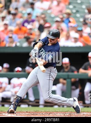 Seattle Mariners catcher Cal Raleigh (29) hits a two run double against ...