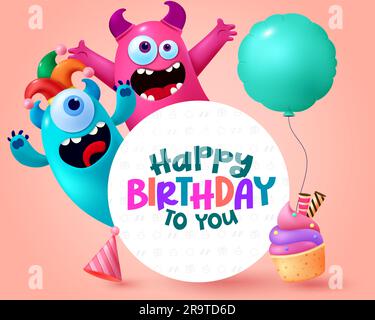 Celebration card template with monsters. Vector illustration of cute ...