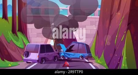 Car crash on highway to tunnel cartoon vector illustration. Road ...