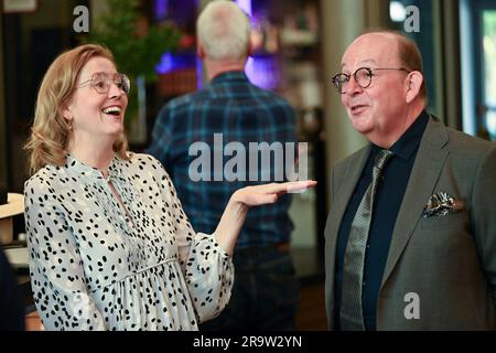 Potsdam, Germany. 28th June, 2023. Author Dörte Hansen (r) talks with ...