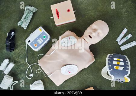 top view of CPR manikin, automated external defibrillator, wound care simulators, neck brace ...