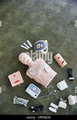 top view of CPR manikin, automated external defibrillator, wound care simulators, neck brace ...