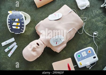 top view of CPR manikin, automated external defibrillator, wound care simulator, neck brace and ...