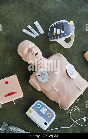 top view of CPR manikin, automated external defibrillator, wound care simulators, neck brace ...