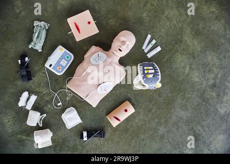 top view of CPR manikin, automated external defibrillator, wound care simulators, neck brace ...