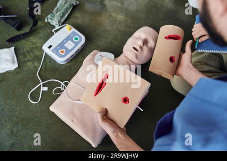 top view of CPR manikin, automated external defibrillator and wound ...