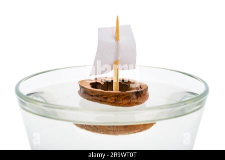 A walnut shell boat with a sail, floating in a transparent glass full ...