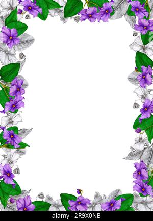 Square floral frame of African violets (saintpaulia). Hand drawn ...