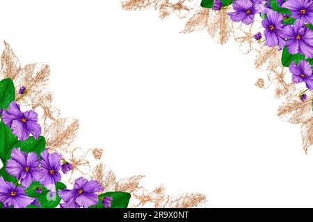 Square floral frame of African violets (saintpaulia). Hand drawn ...