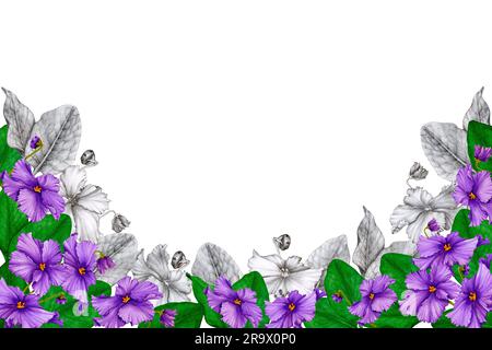 Square floral frame of African violets (saintpaulia). Hand drawn ...
