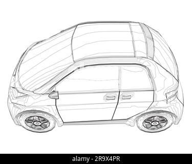 Vector flat illustration of contour small car. City car blueprint ...