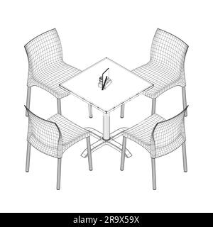 Wireframe Modern round table with chairs. Vector illustration. Hand ...