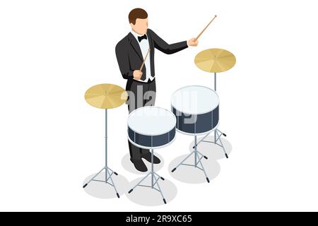 Isometric Black Drum Kit with drum sticks isolated on white background ...