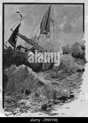 Ocean sailing ship in distress, struggling to stay afloat, in a heavy ...