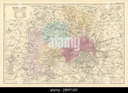 MIDDLESEX antique county map by GW BACON 1885 old plan chart Stock ...